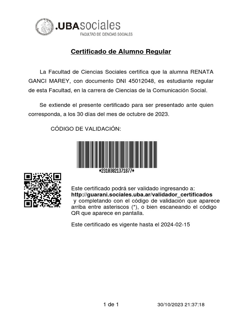 Certificado Alumno Regular | PDF