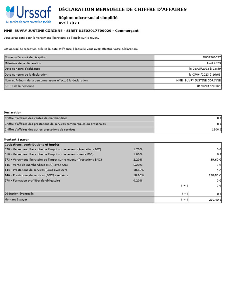Urssaf Justificatif Declaration 2023 04 | PDF