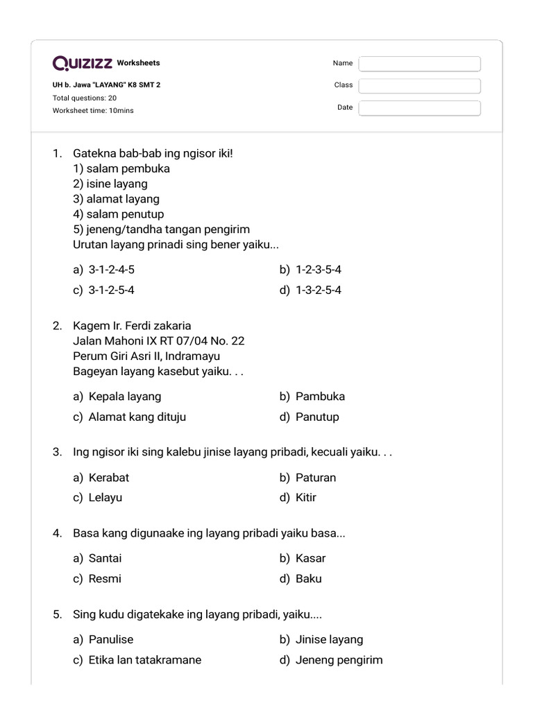UH B. Jawa - LAYANG - K8 SMT 2 - Quizizz | PDF | Seni & Disiplin Bahasa | Kajian Bahasa Asing
