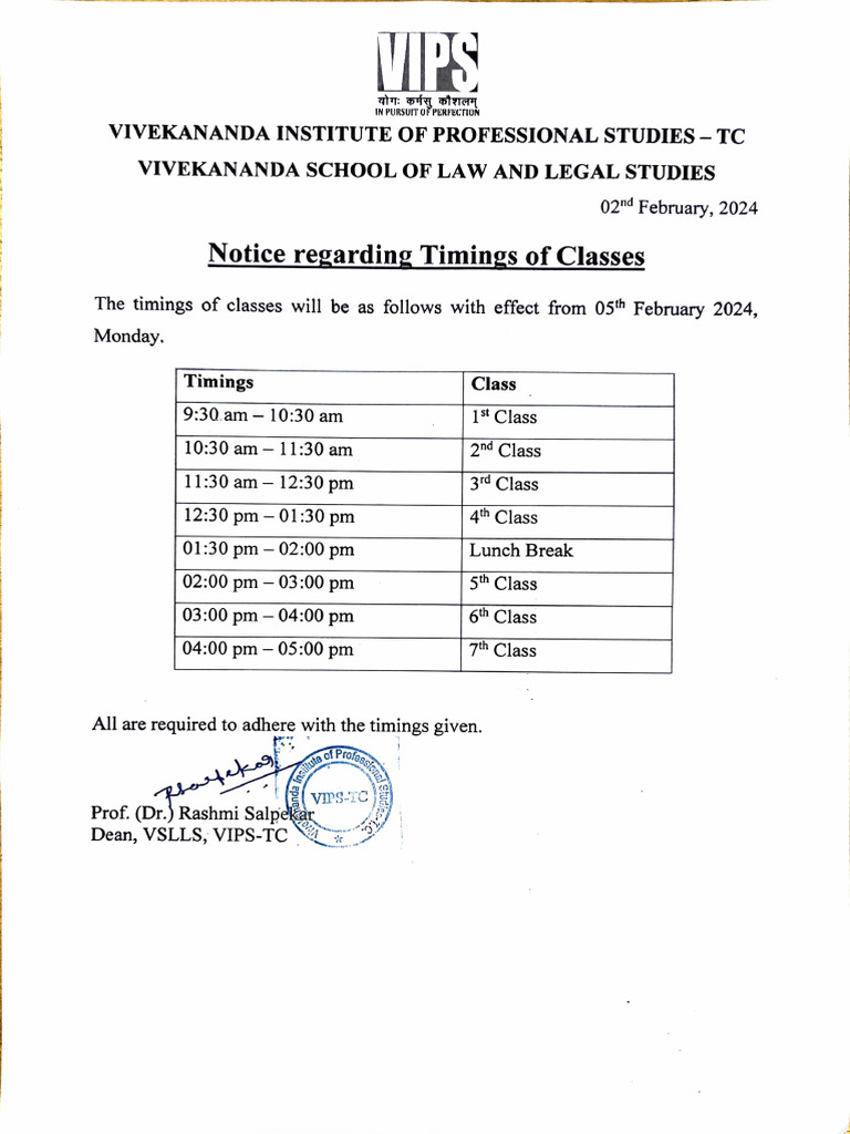 Notice - Timings of Classes (02.02.2024) | PDF