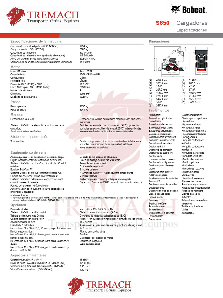 Ficha Tecnica Minicargador Bobcat s650 | PDF