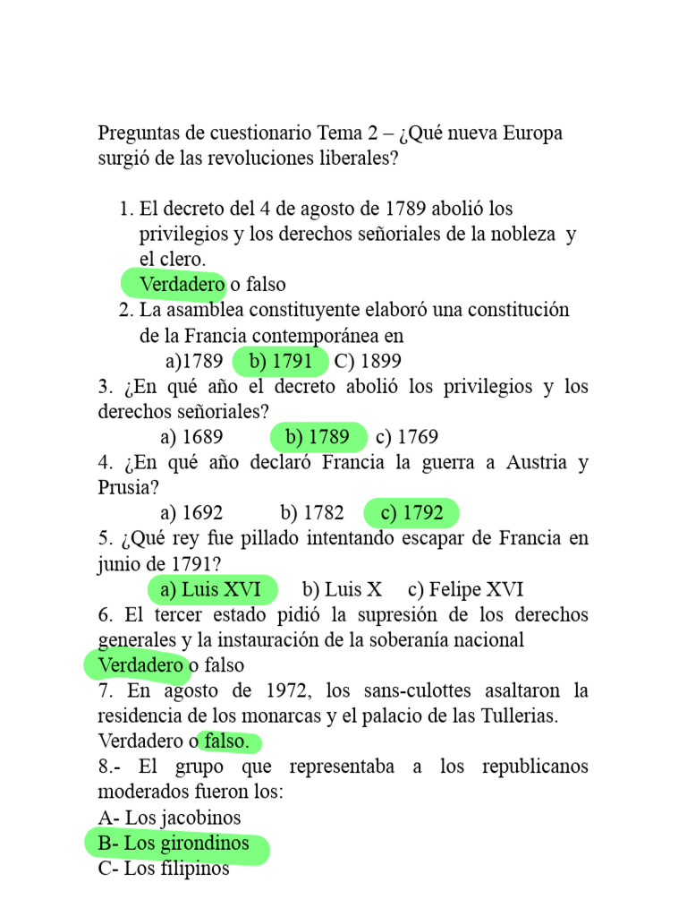 Preguntas de Cuestionario Tema 2 de Historia. La Europa de Las ...