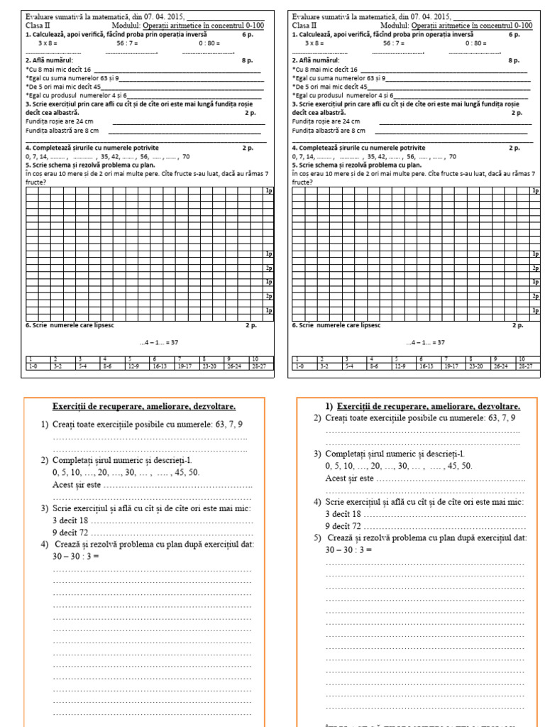 Evaluare Sumativa La Matem II Operaii Aritmetice 0100 | PDF