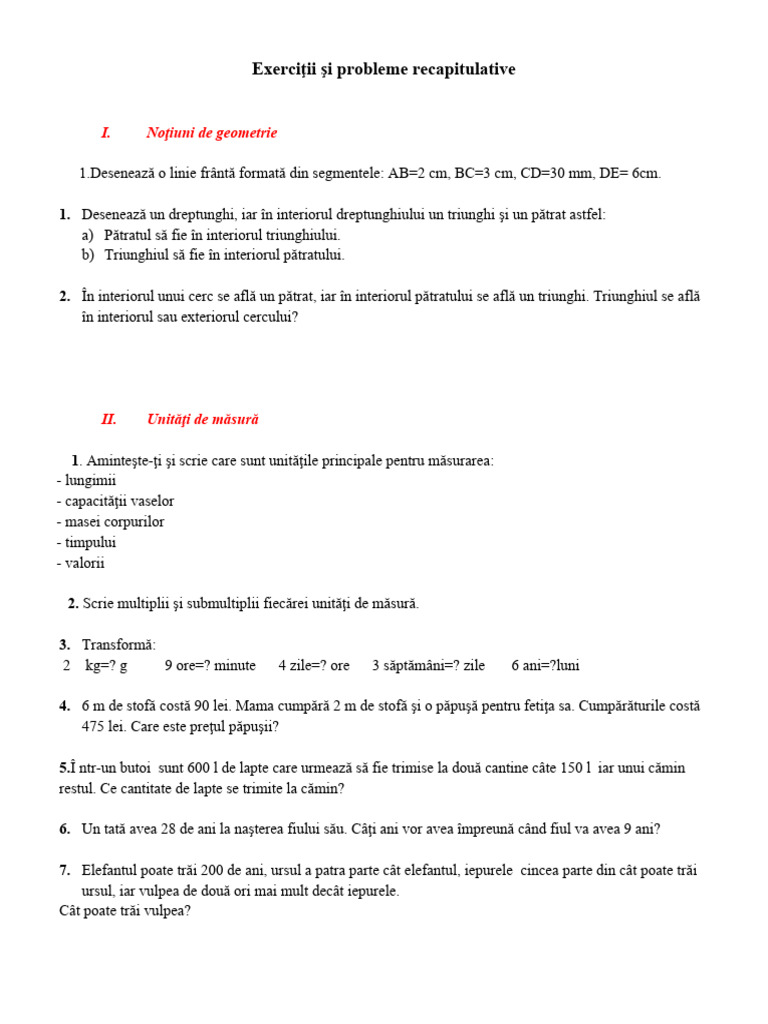 Exercitii Si Probleme Recapitulative Geometrie Si Unitati de Masura | PDF