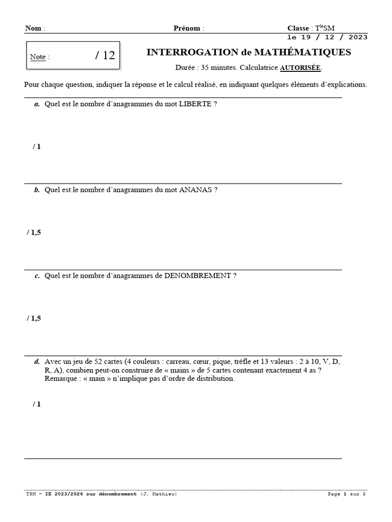 2023-24 IE Prob1 - Dénombrement | PDF