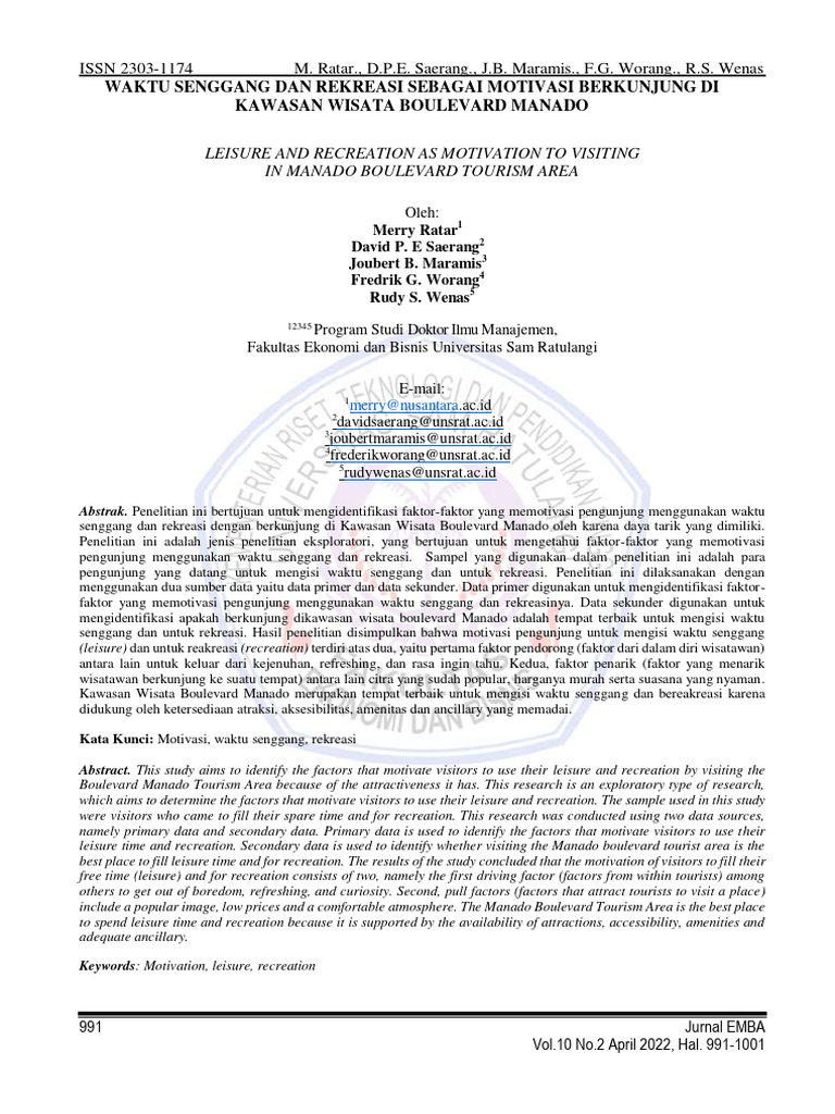 Ratar, Saerang, Maramis Et Al 2022 WAKTU SENGGANG DAN REKREASI SEBAGAI ...