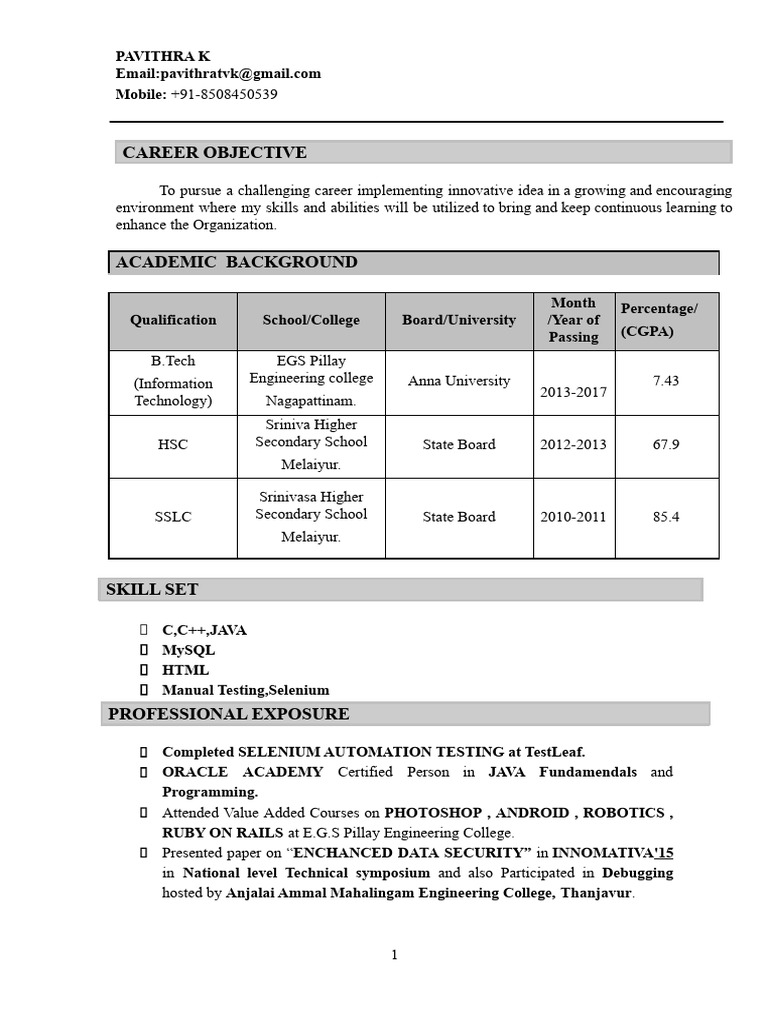 Vpavithraresume | PDF | Selenium (Software) | Java (Programming Language)