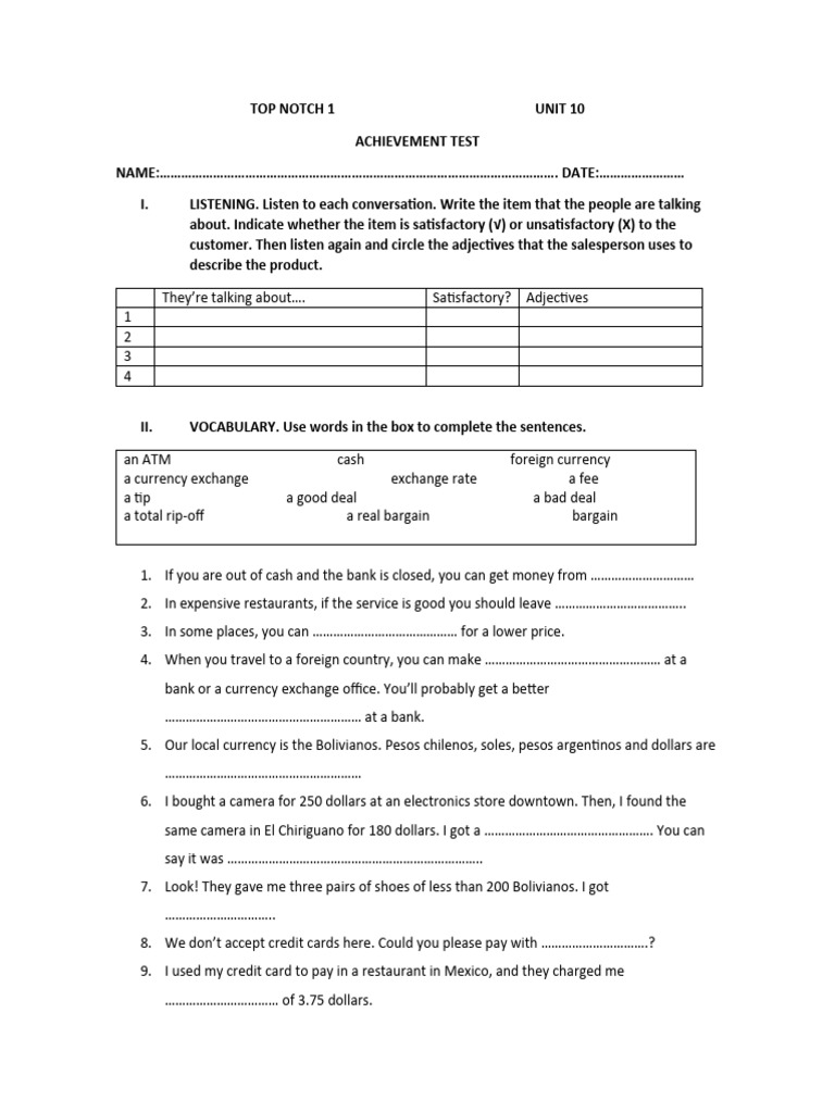 TOP NOTCH 1 Unit 10 Ach Test | PDF