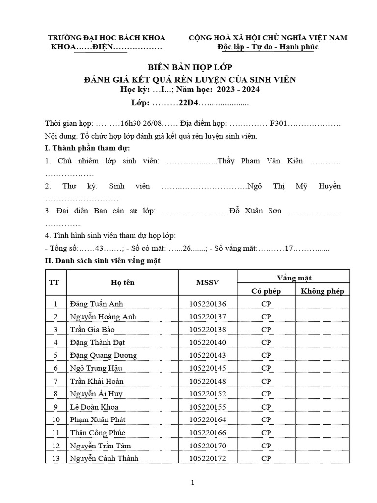 Bien Ban Hop Lop Danh Gia Ket Qua Ren Luyen | PDF