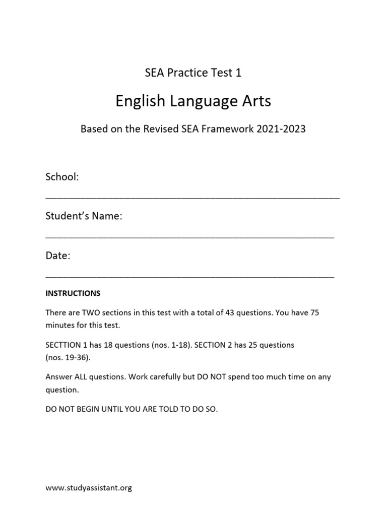 SEA Practice Test 1 English Language Arts Creative Writing | PDF
