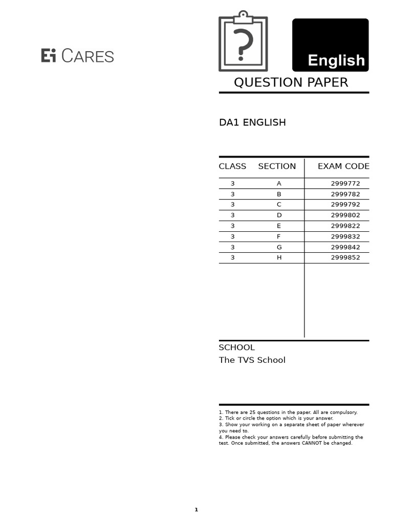 Question Paper: Da1 English | PDF