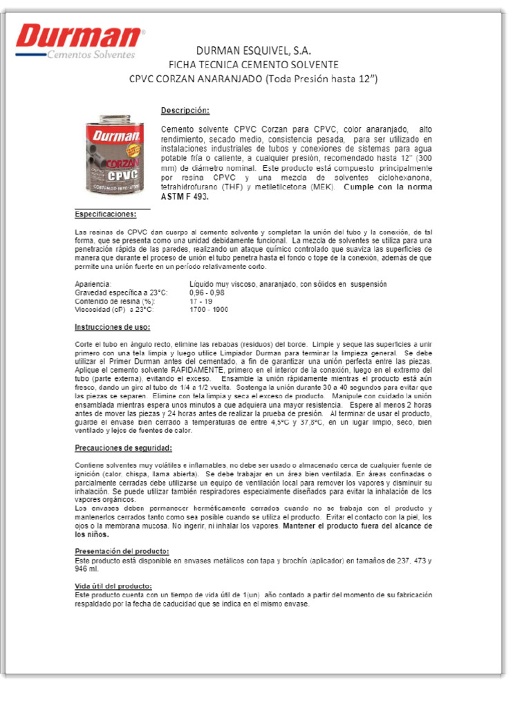 Durman Esquivel, S.A. Ficha Tecnica CPVC | PDF