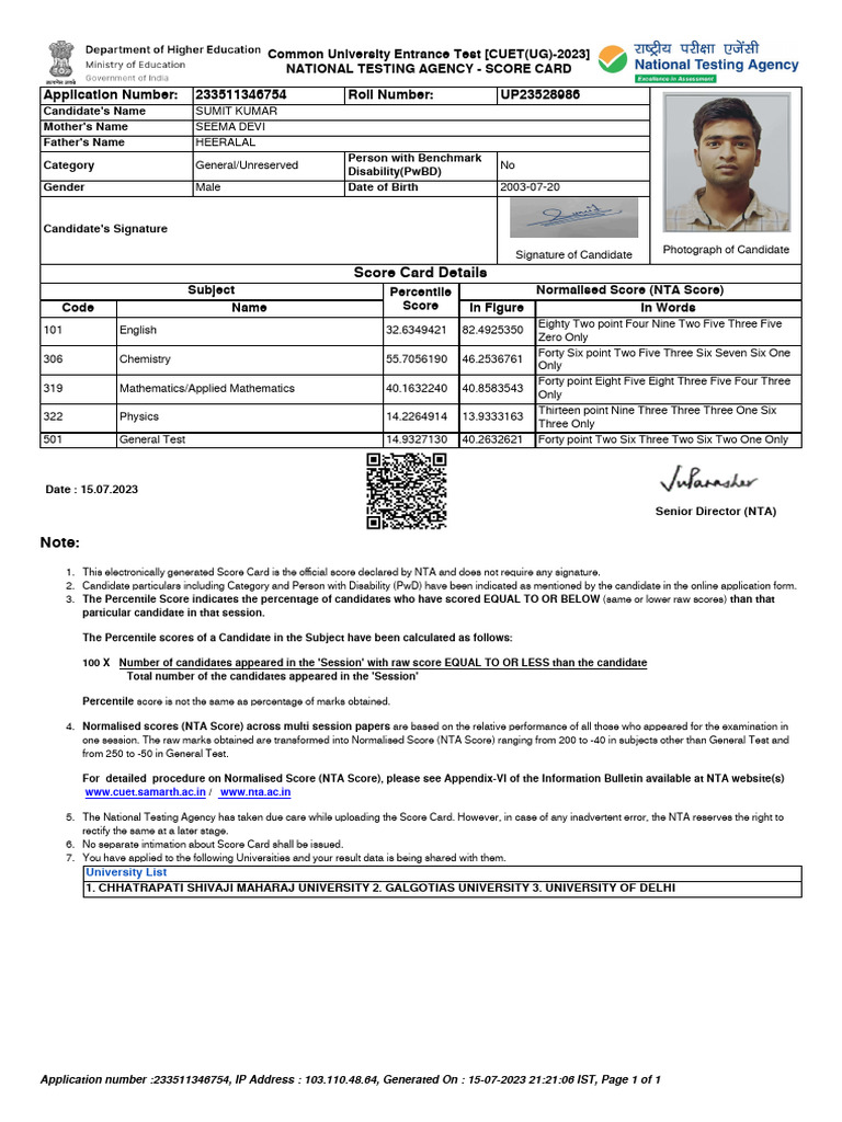 CUET UG ScoreCard | PDF | Tests