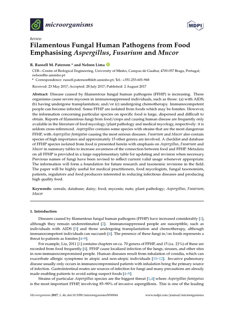 Filamentous Fungal Human Pathogens From Food | PDF | Aspergillus | Mycology