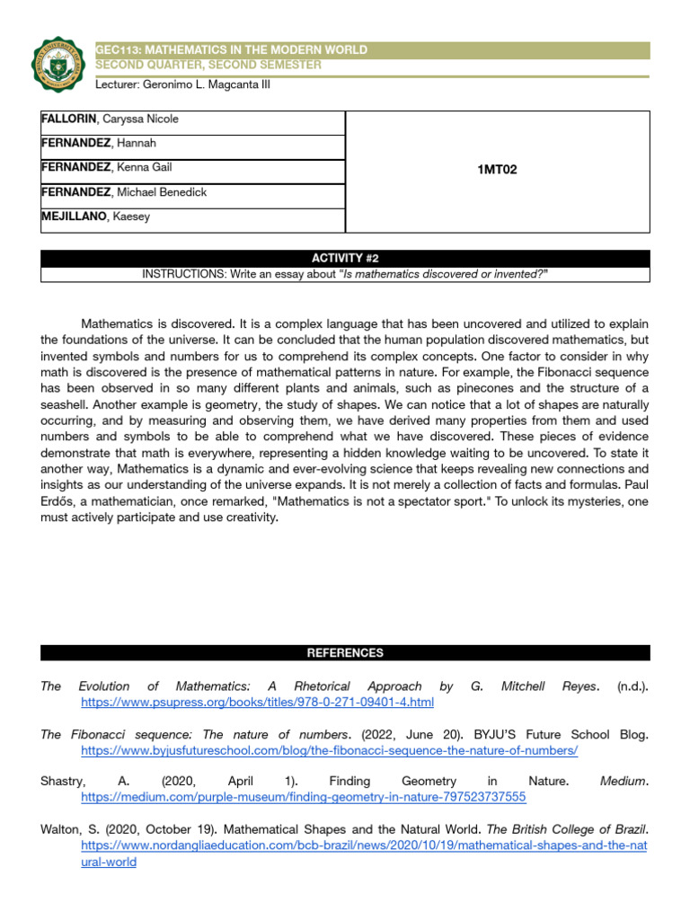 MMW Group 5 Activity 2 | PDF | Mathematics | Observation