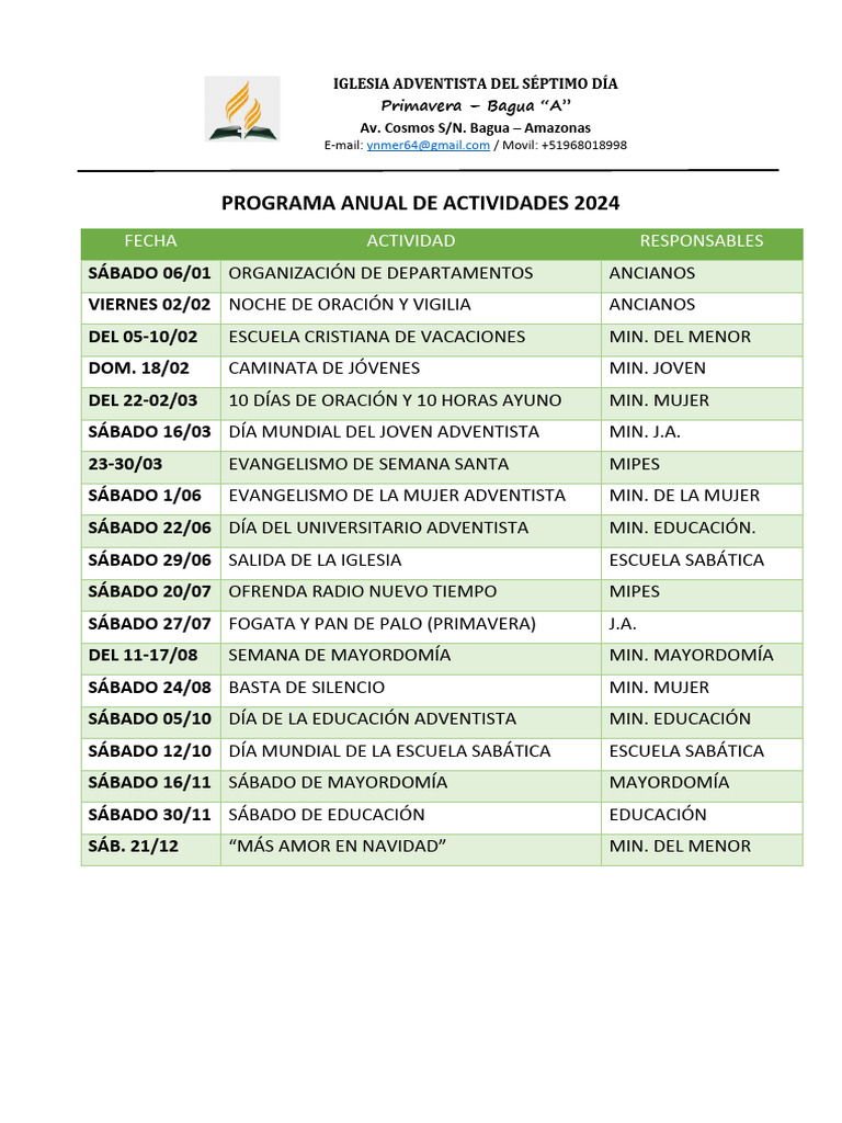 Plan de Actividades | PDF | Iglesia Adventista del Séptimo Día | Adventismo