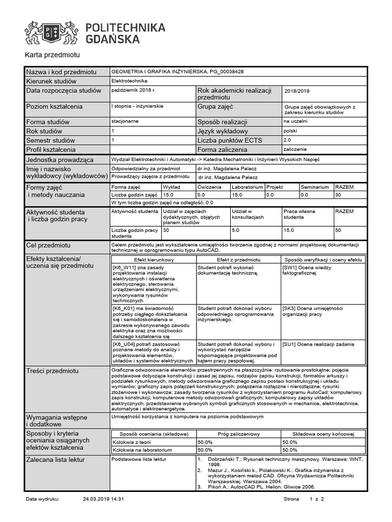 Karta - Przedmiotu Geometria | PDF
