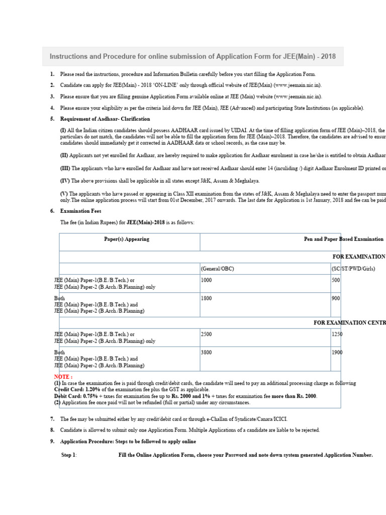 Instructions and Procedure For Online Submission of Application Form For JEE (Main) - 2018 | PDF ...
