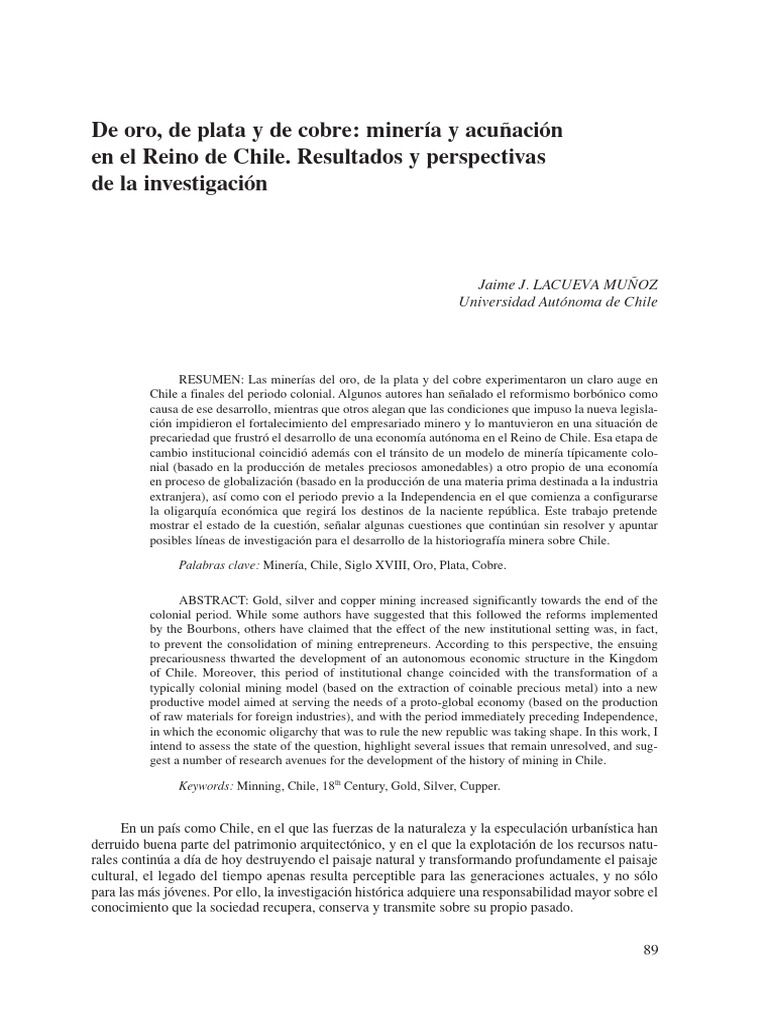 Jaime J Lacueva - de Oro de Plata de Cobre - Capitulo Mineria en Chile - Pruebas | PDF | Minería ...
