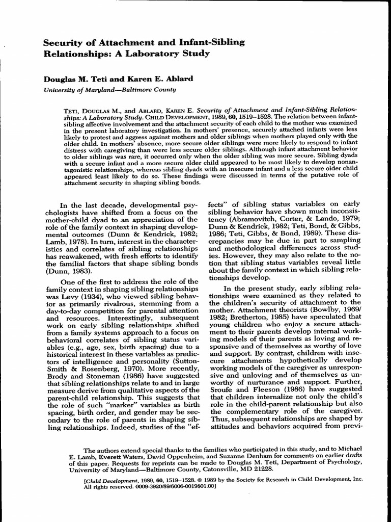 Teti, D. M., & Ablard, K. E. (1989) - Security of Attachment and Infant-Sibling Relationships: A ...