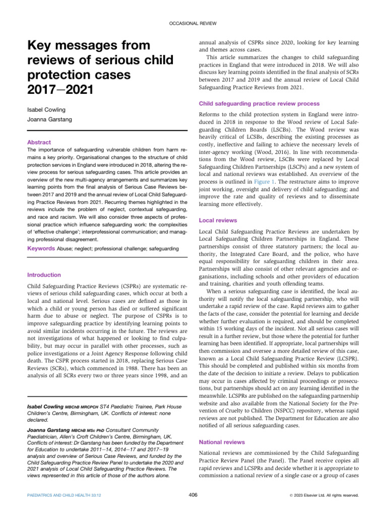 Key Messages From Reviews of Serious Child Protect - 2023 - Paediatrics ...
