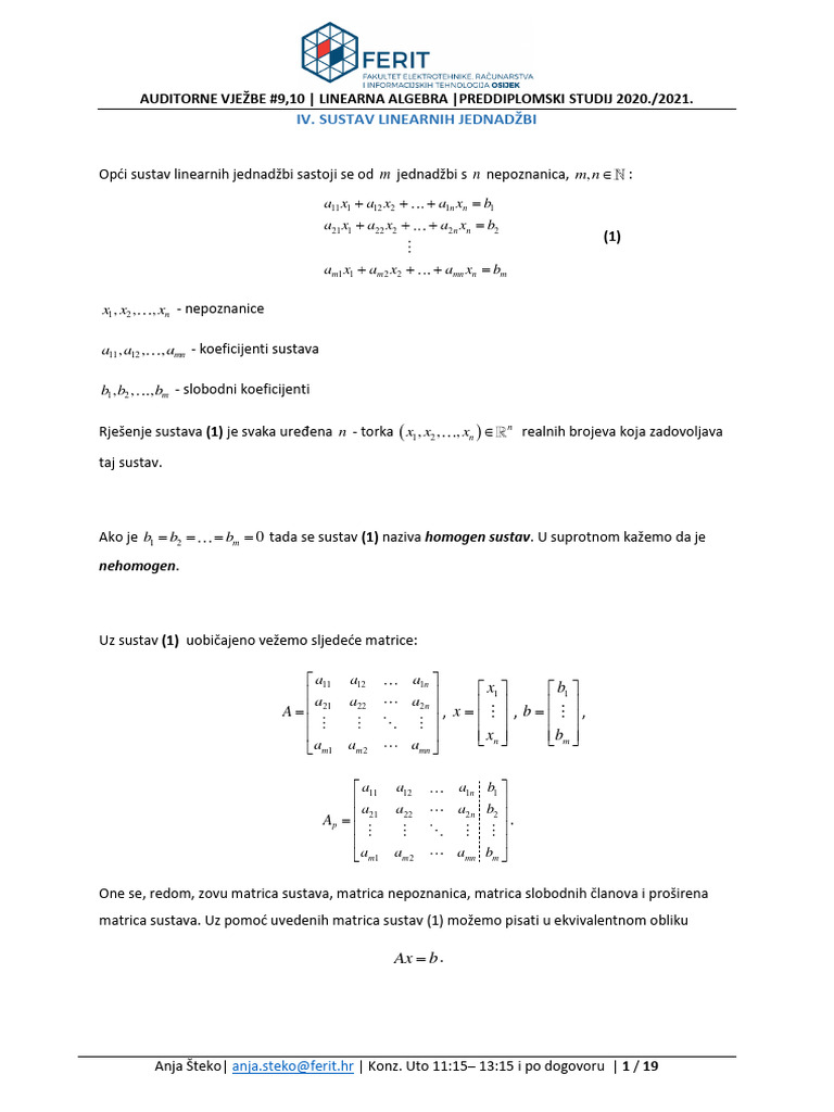 IV. Sustav Linearnih Jednadzbi 1 1 | PDF