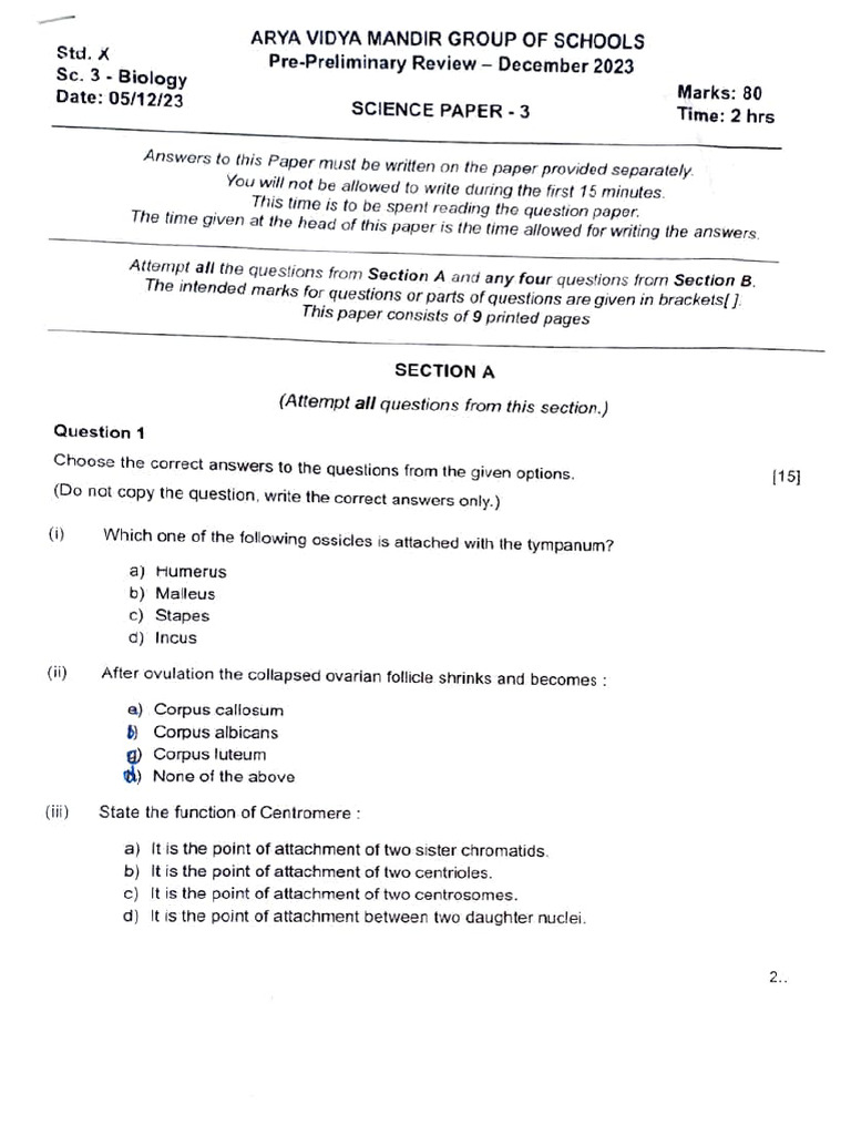 Qstn Bio Prelim-Arya Vidya Mandir(AVM School) | PDF