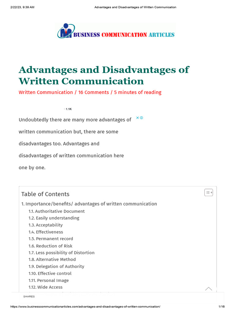 Advantages and Disadvantages of Written Communication | PDF ...