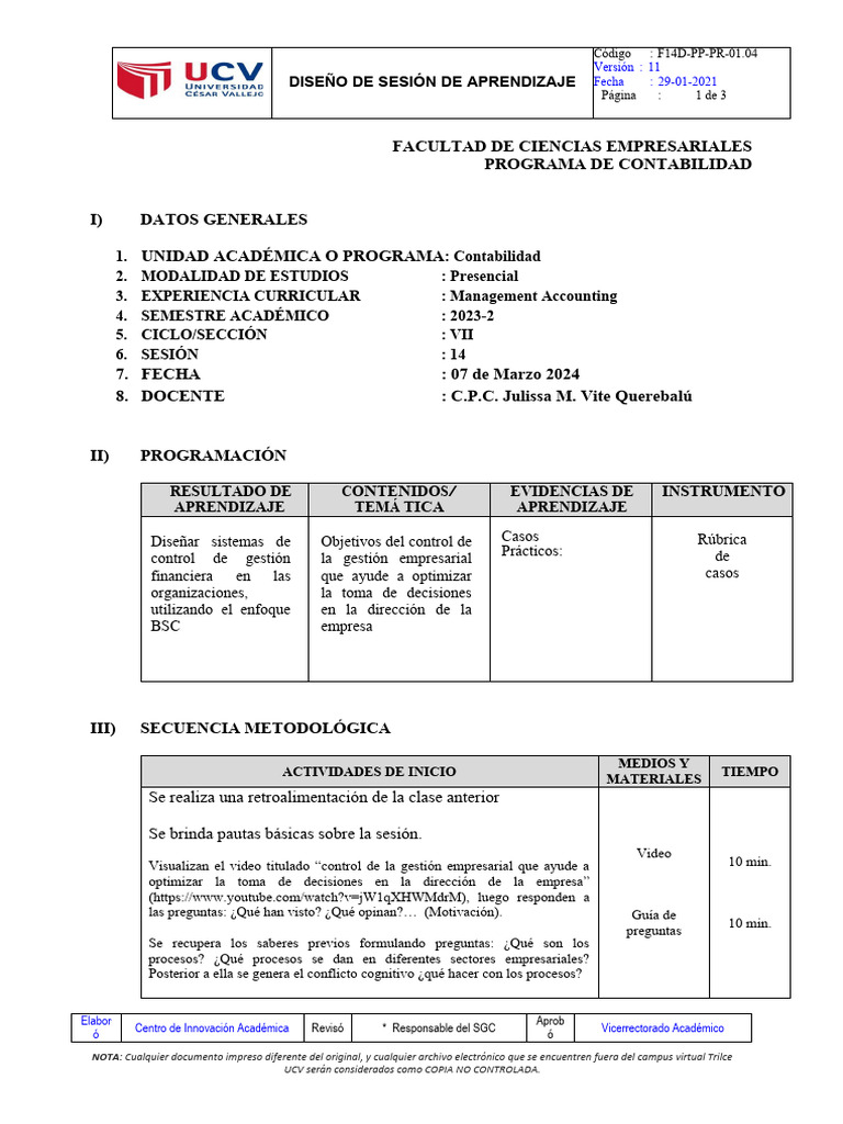 Sesión de Aprendizaje 14 | PDF | Evaluación | Aprendizaje