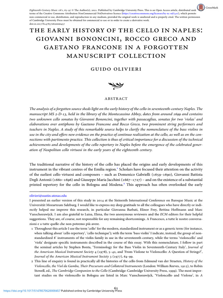 The Early History of The Cello in Naples Giovanni Bononcini Rocco Greco ...