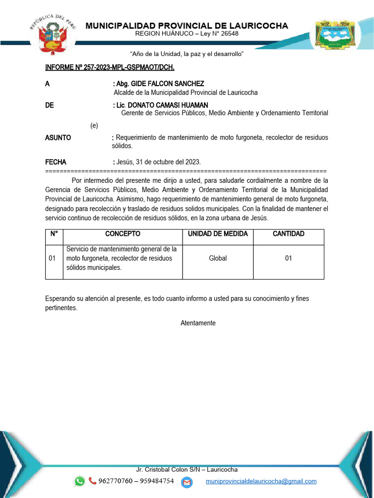 INFORME 257 - REQUERIMIENTO DE MANTENIMIENTO DE MOTO | PDF