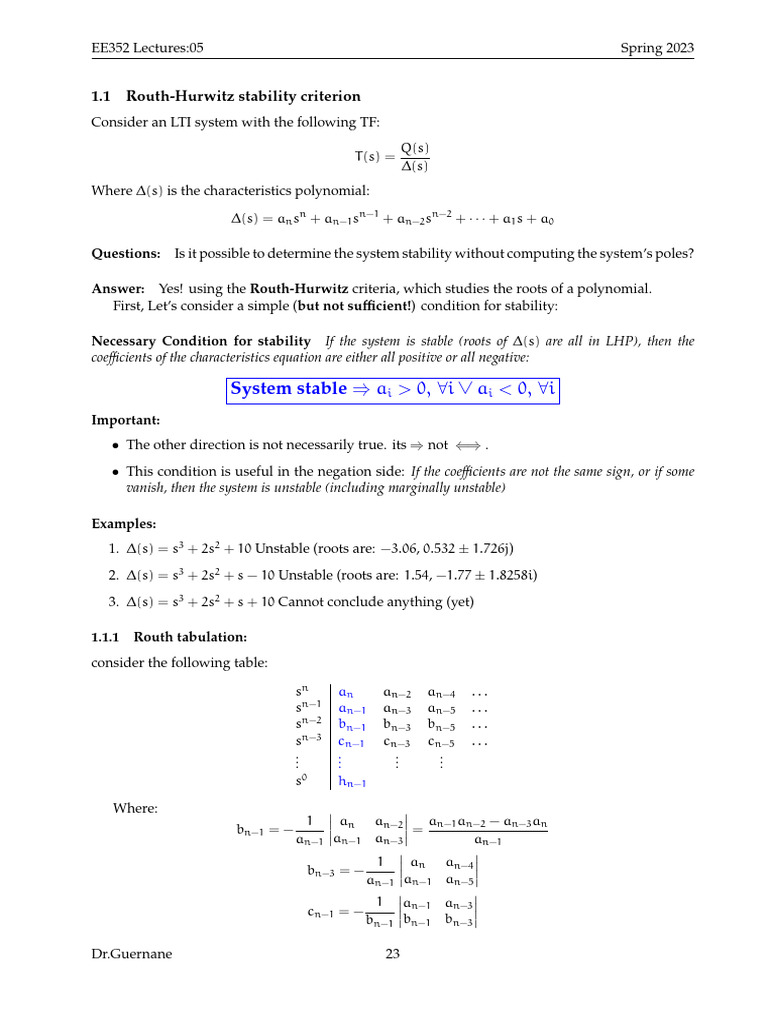 System Stable: 1.1 Routh-Hurwitz Stability Criterion | PDF ...