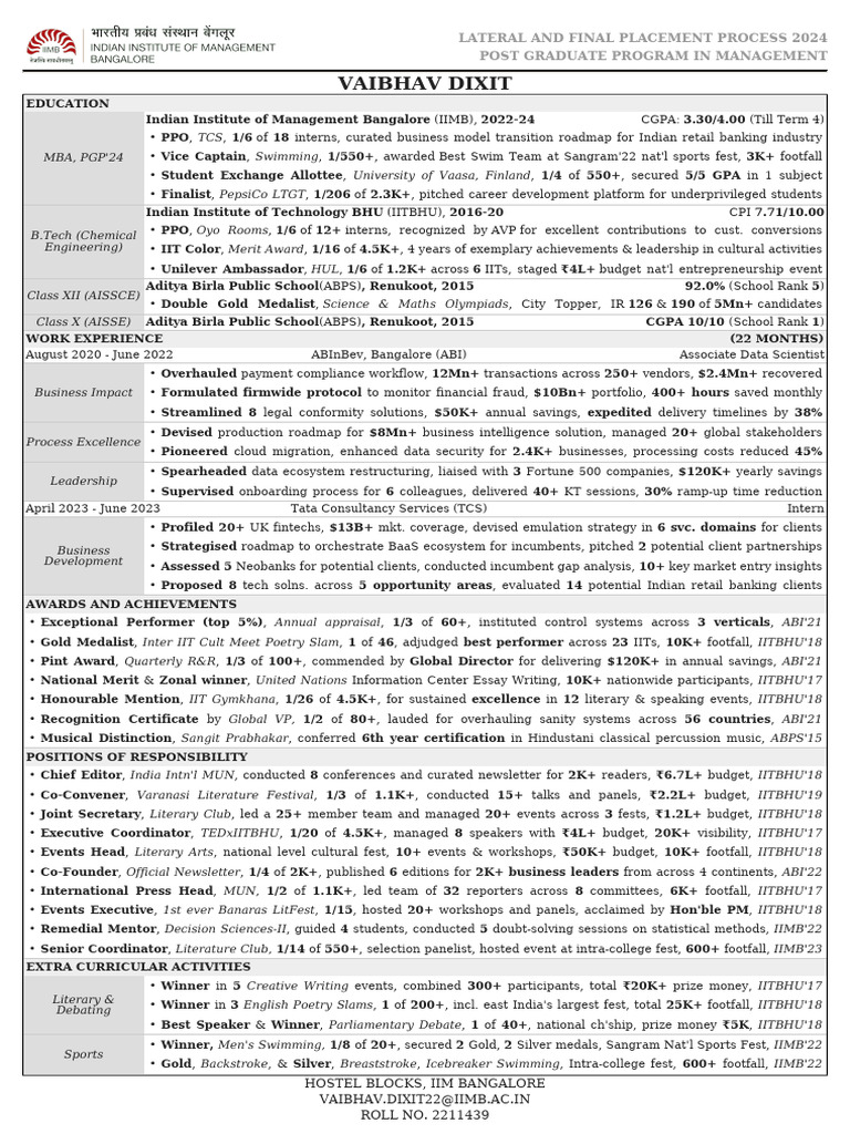 Vaibhav Dixit: MBA, PGP'24 | PDF | Business