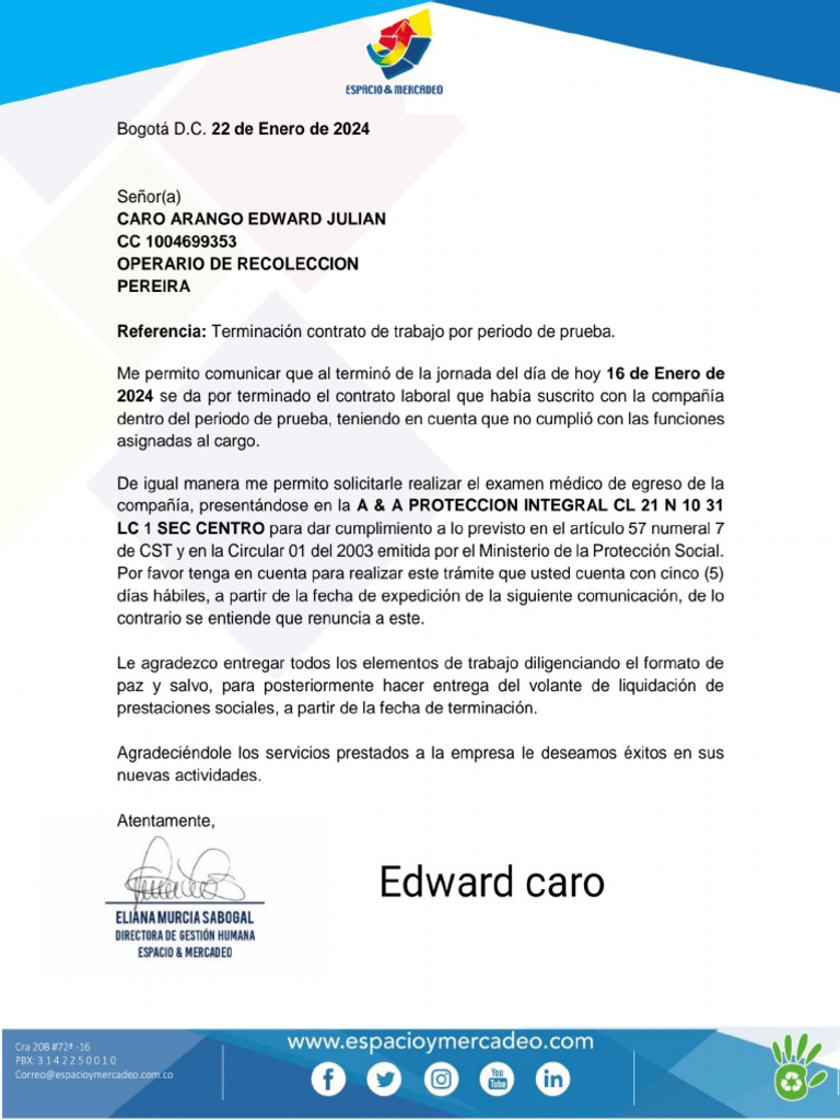Caro Arango Edward Julian - Terminacion Por Periodo de Prueba. - Edit ...
