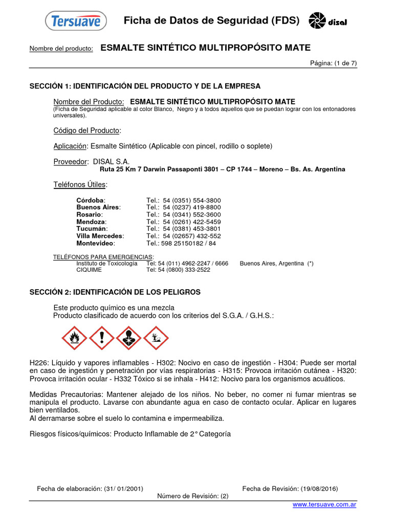 Ficha de Datos de Seguridad (FDS) : Esmalte Sintético Multipropósito Mate | PDF
