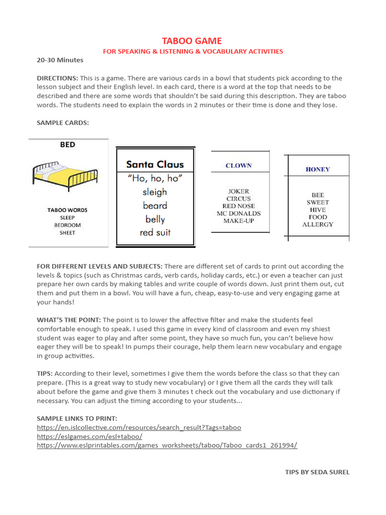 Engaging Taboo Game for ESL Learning | PDF | Language Arts & Discipline