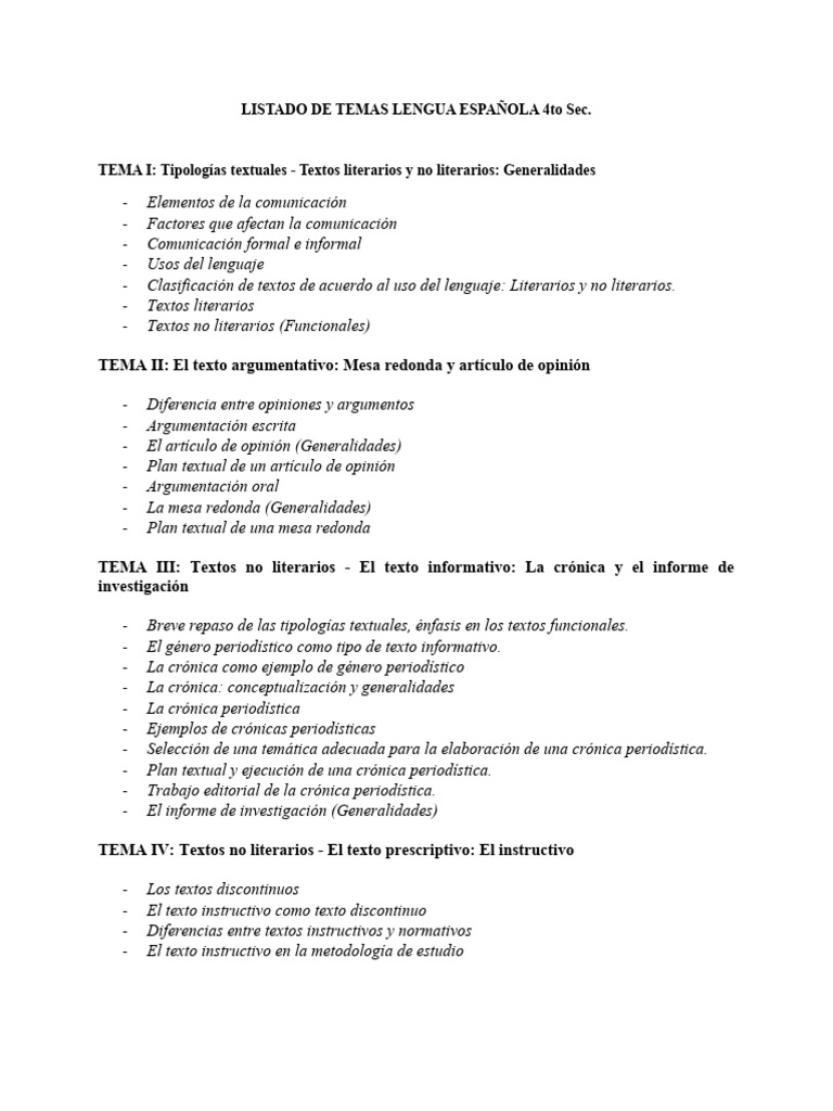Temario de Lengua Española 4° Sec. | PDF | Oración (Lingüística ...