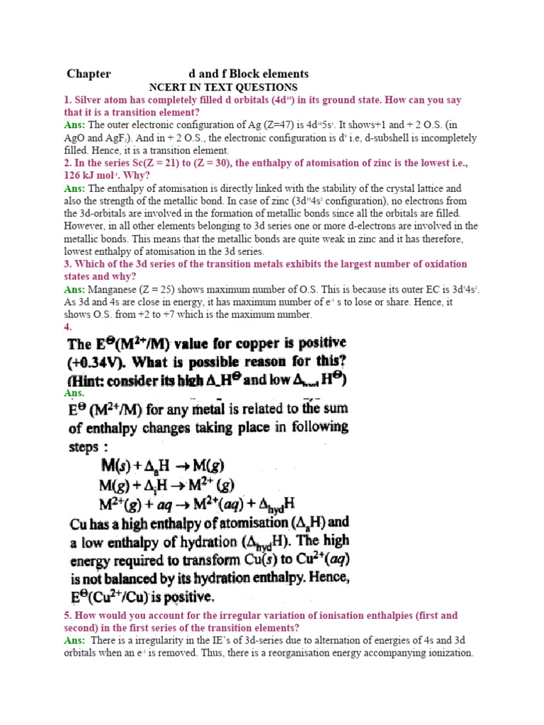 D & F Block Elements NCERT | PDF | Transition Metals | Electron Configuration