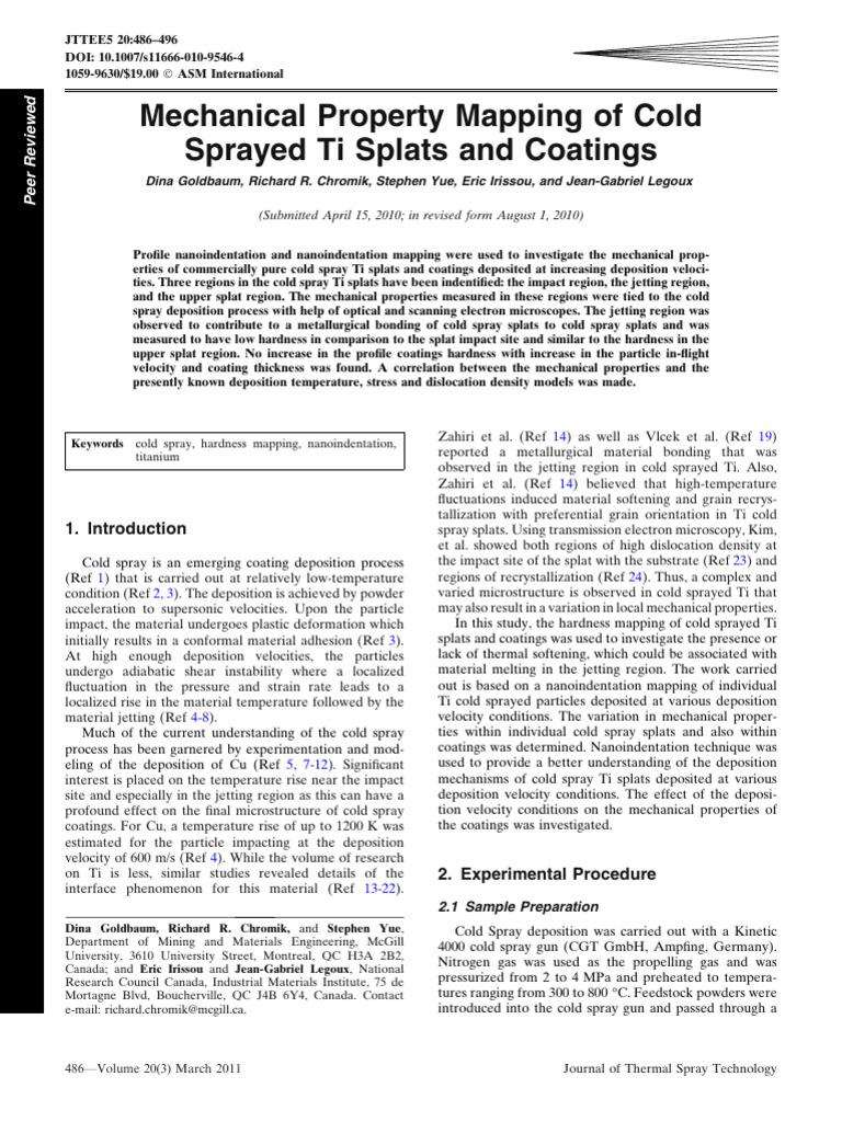 Mechanical Property Mapping of Cold Sprayed Ti Splats and Coatings | PDF | Mechanical ...