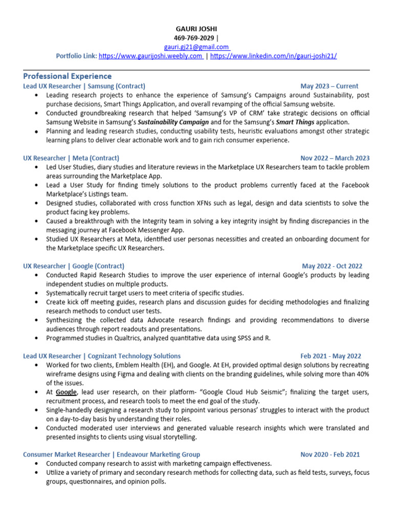 Gauri Ux Research Resume | PDF | Usability | User Experience