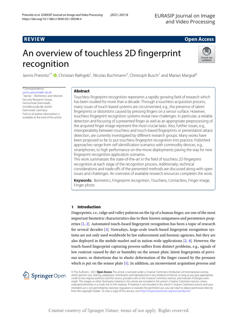 An Overview Of Touchless 2d Fingerprint Recognitio Pdf