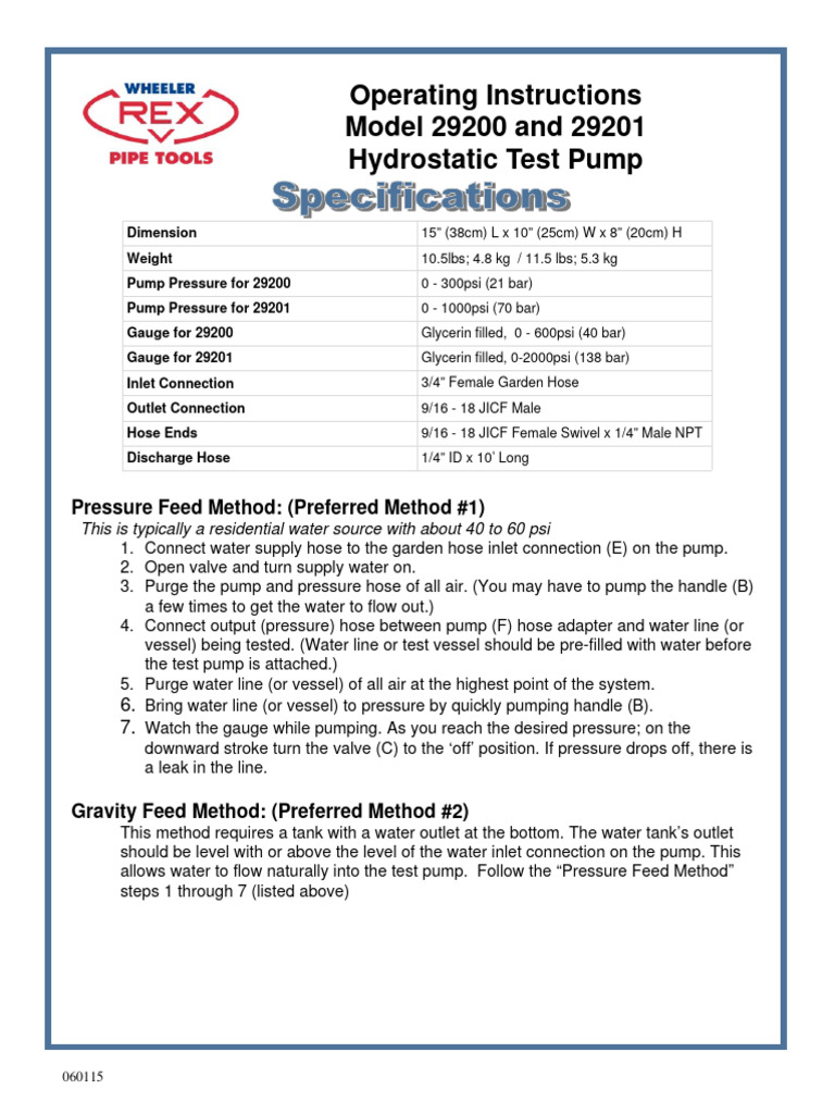 Operating Instructions Model 29200 Hydrostatic Test Pump | PDF
