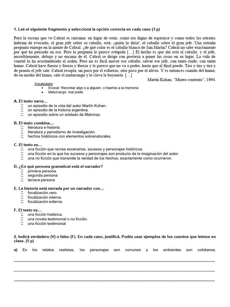 Evaluación Ficción Histórica y Cuento Realista | PDF