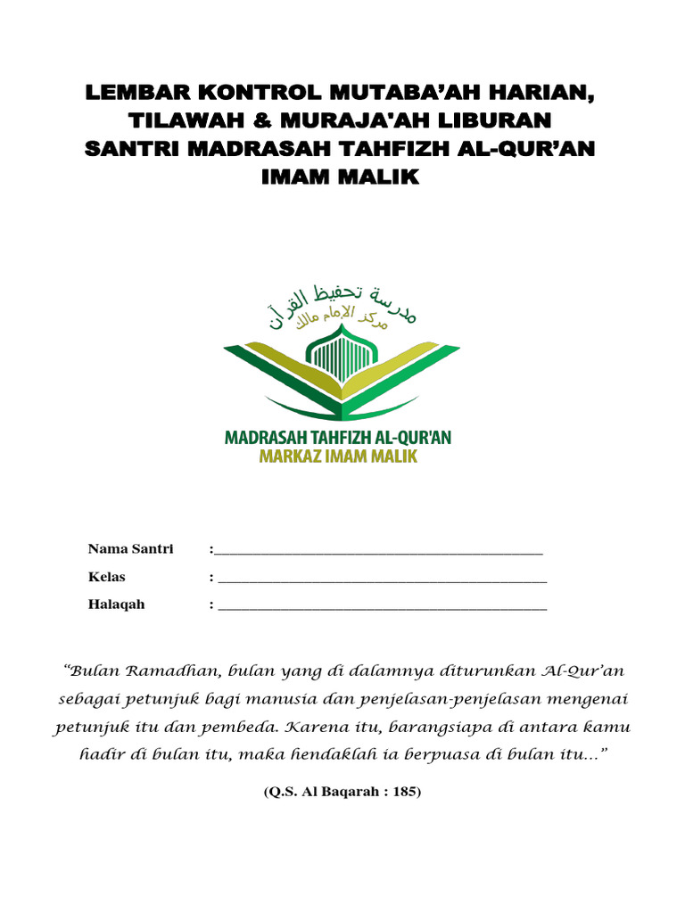 Lembar Kontrol Mutaba'ah Harian, Tilawah & Muraja'ah Selama Liburan | PDF
