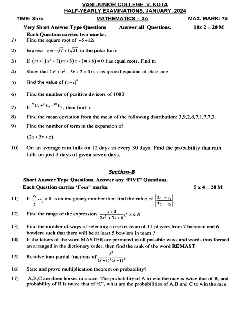 Vani Junior College Math Exam 2024 | PDF