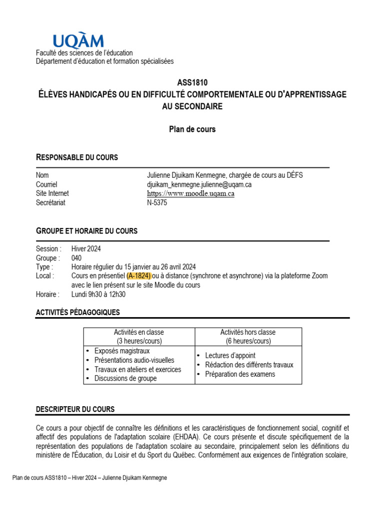 Plan de Cours ASS - 1810 - H24 - 040 | PDF