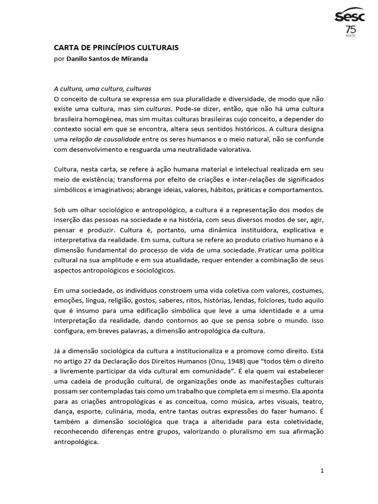 Carta de Principios Culturais - Danilo Miranda SESC | PDF | Sociologia | Antropologia
