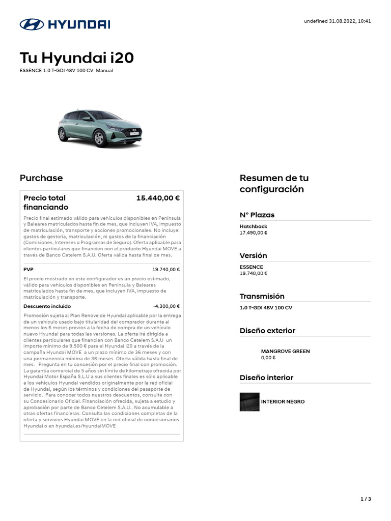 Tu Hyundai I20: Purchase Resumen de Tu Configuración | PDF