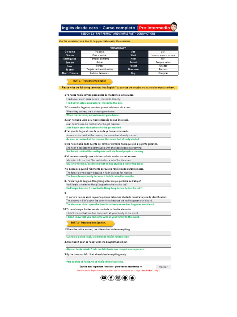 Lesson 12 - Pasado Perfecto y Pasado Simple | PDF | Linguistics