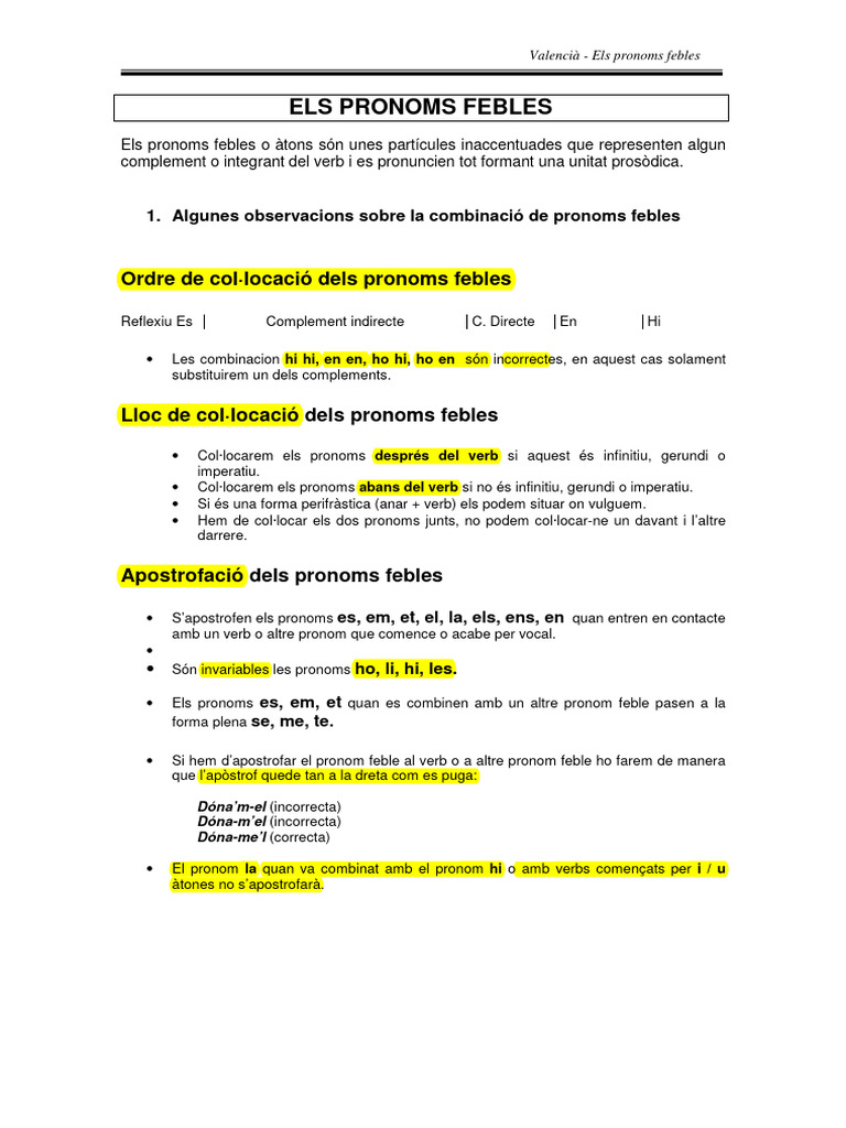 Resum Teoria Pronoms Febles | PDF